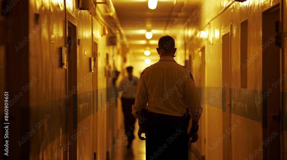 Prison officers conducting a security check in a dimly lit corridor of ... Prison officers conducting a security check in a dimly lit corridor of ...