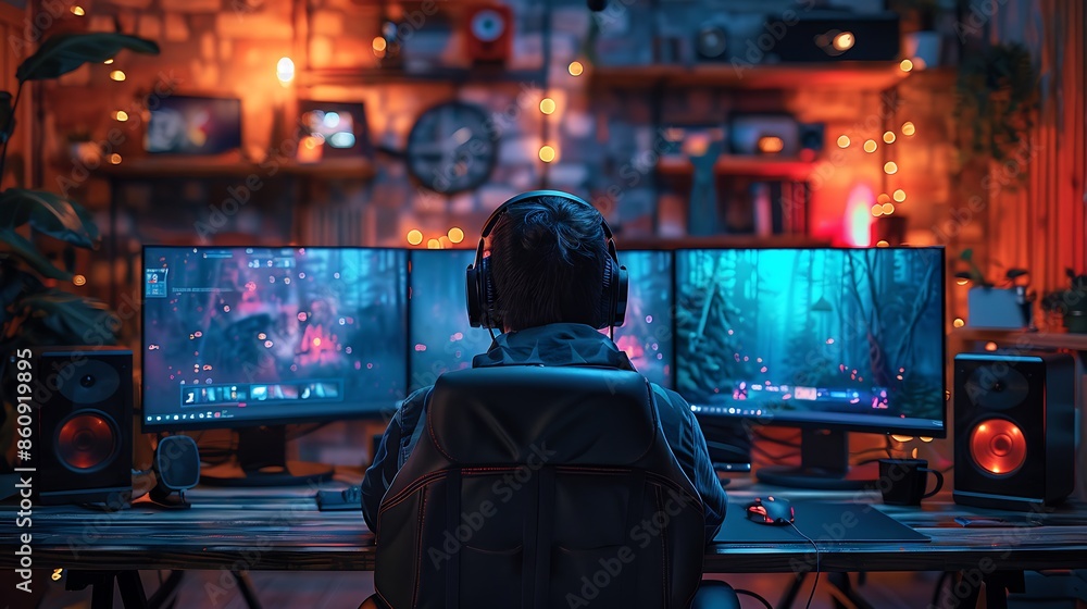 A detailed and realistic image of a gamer in front of a professional ...