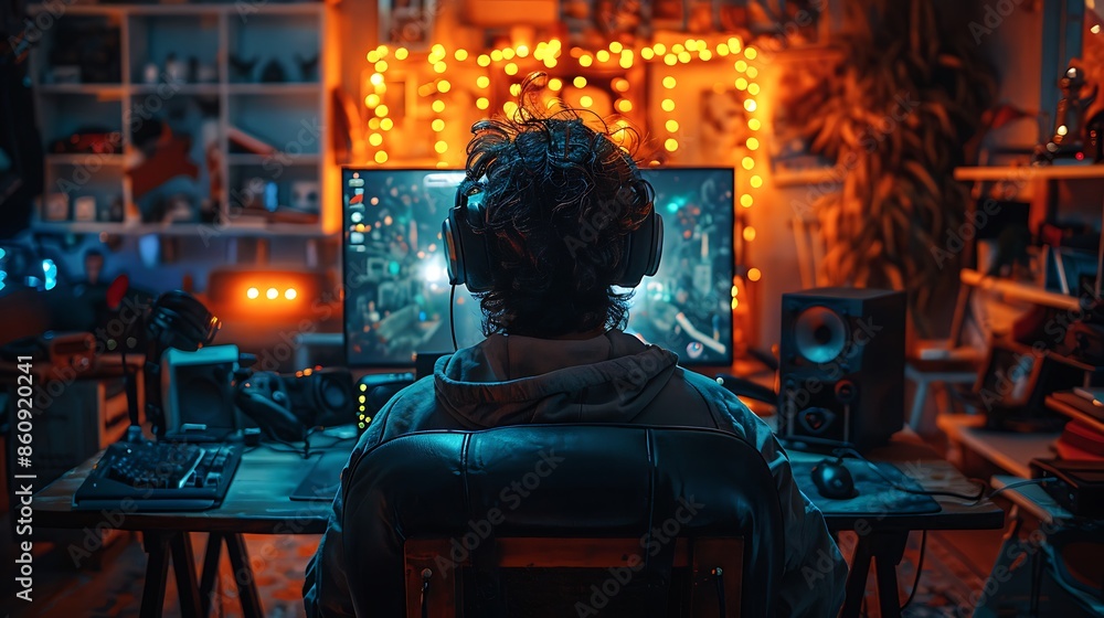 A detailed and realistic image of a gamer playing late at night, with ...