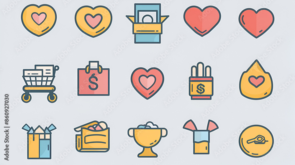 Charity and donation icon set in line style with copy space, featuring ...