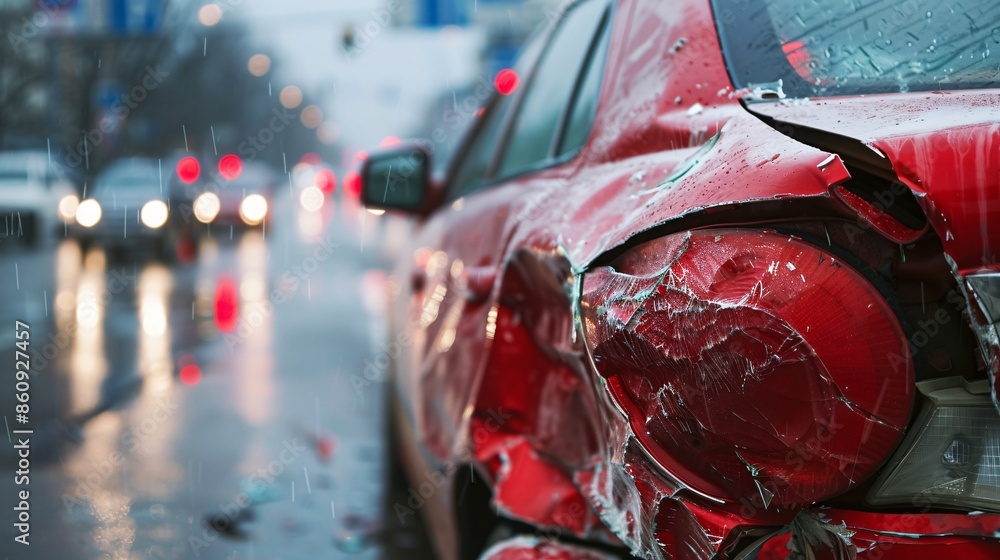 Red car with rear-end damage from a traffic accident, shown in close-up ...