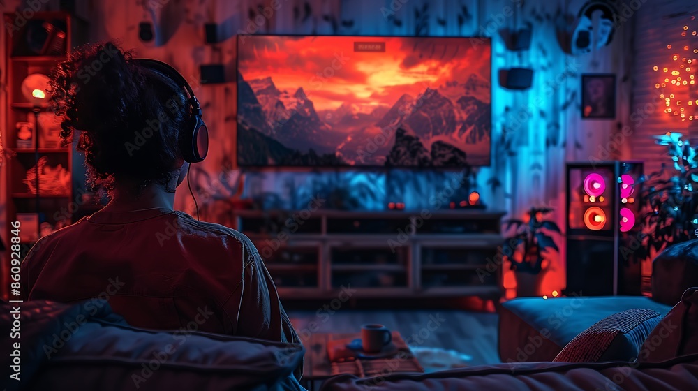 A realistic and immersive scene of a home theater gaming setup ...