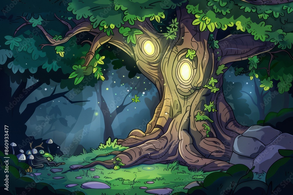 Cartoon cute doodles of a talking tree with glowing eyes granting ...