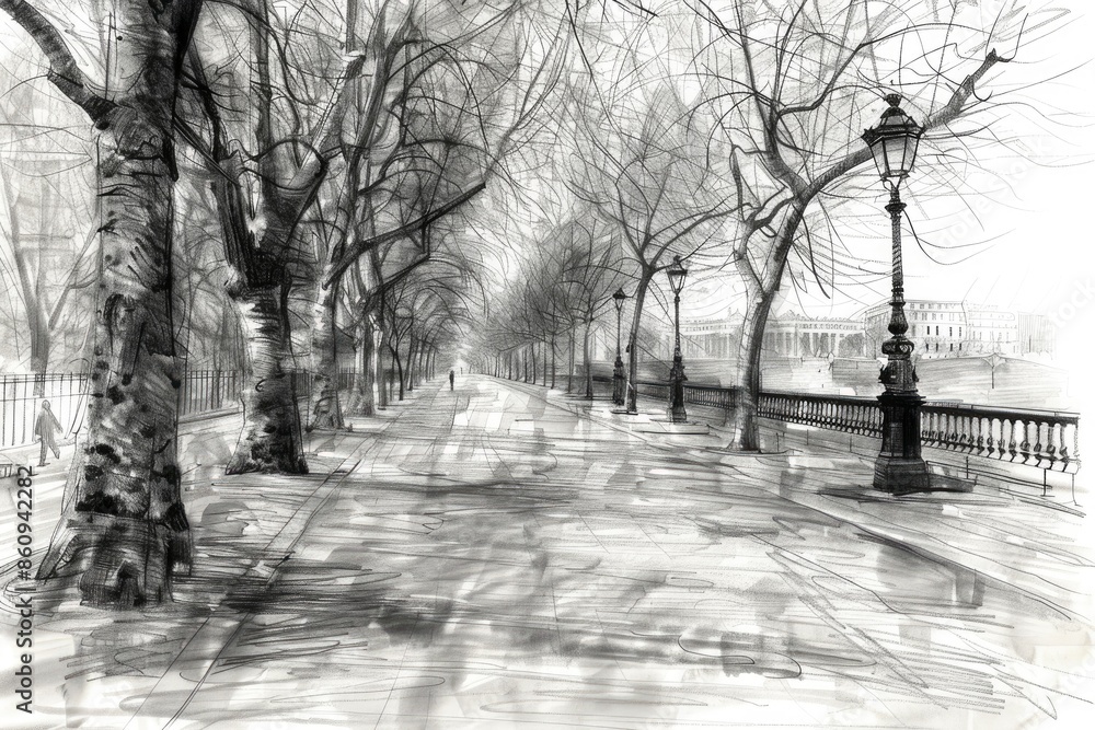 Abstract black and white architectural sketch of a grand boulevard with ...