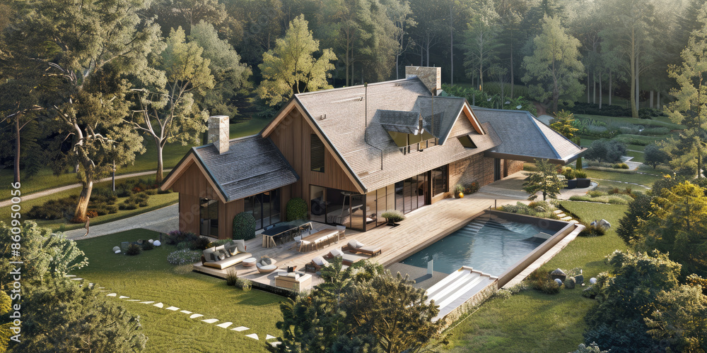 3d plan of an two-story modern house with gable roof, the first floor ...