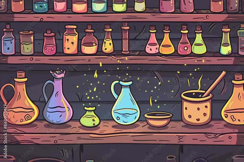 Cartoon cute doodles of tiny magic potions falling from the shelves of ...