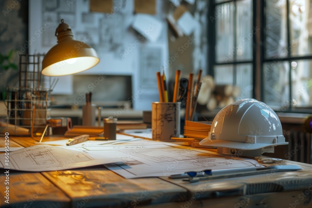 Architect concept and architectural project desk in construction site ...