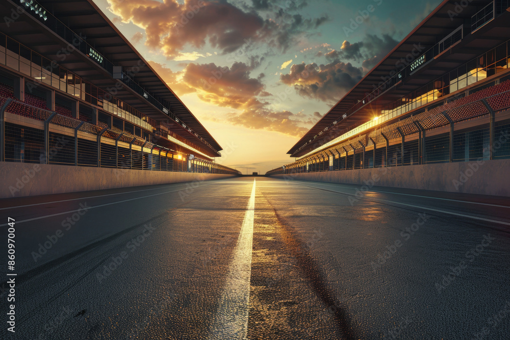 ultra realistic photo of empty race track, grandstand on the sides ...