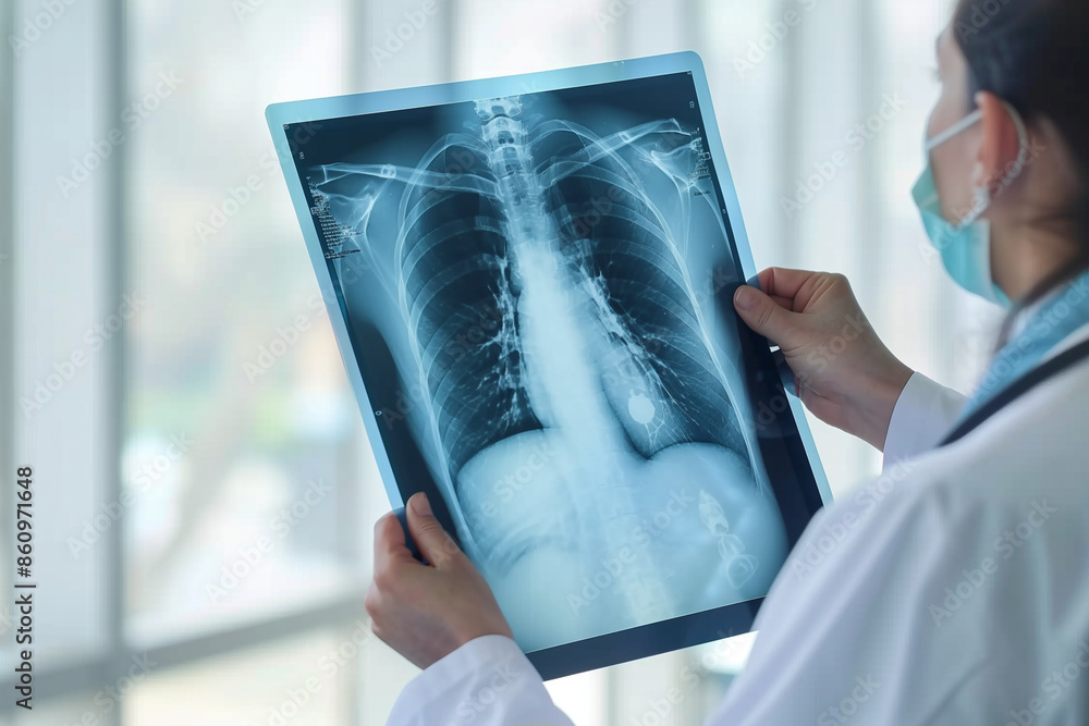 A doctor is holding a chest x-ray of a patient's lungs. The image is in ...