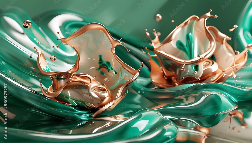 Emerald and rose gold 3D ink splash creating luxurious abstract shapes ...