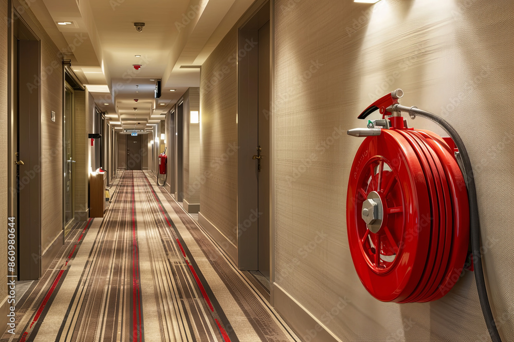 Foto de Fire extinguisher and fire hose reel in a hotel corridor do ...