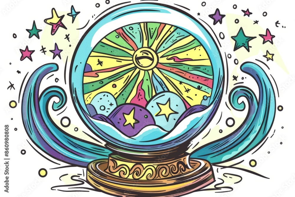 Cartoon cute doodles of a sorcerer's crystal ball showing visions of ...