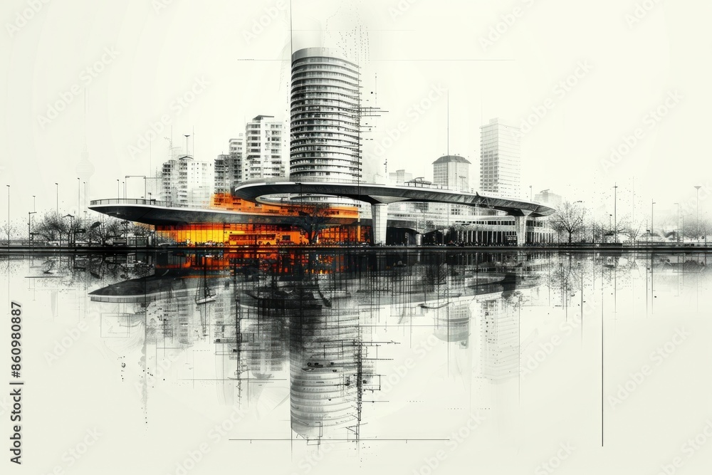 Abstract black and white architectural sketch of a futuristic ...