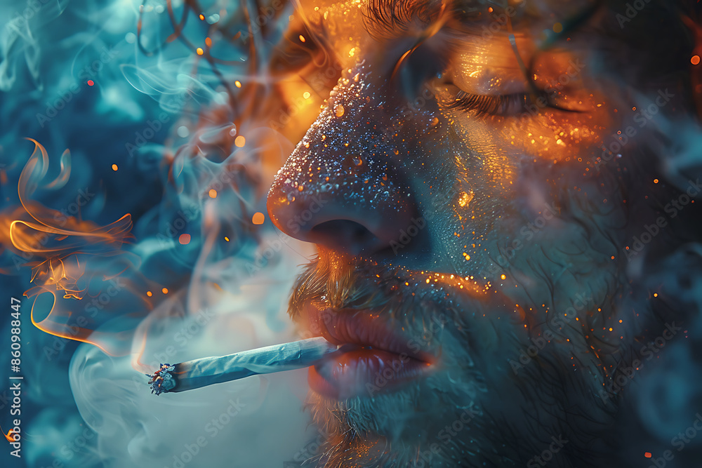 Side profile of a smoking man in low key exhaling, islolated, with copy ...