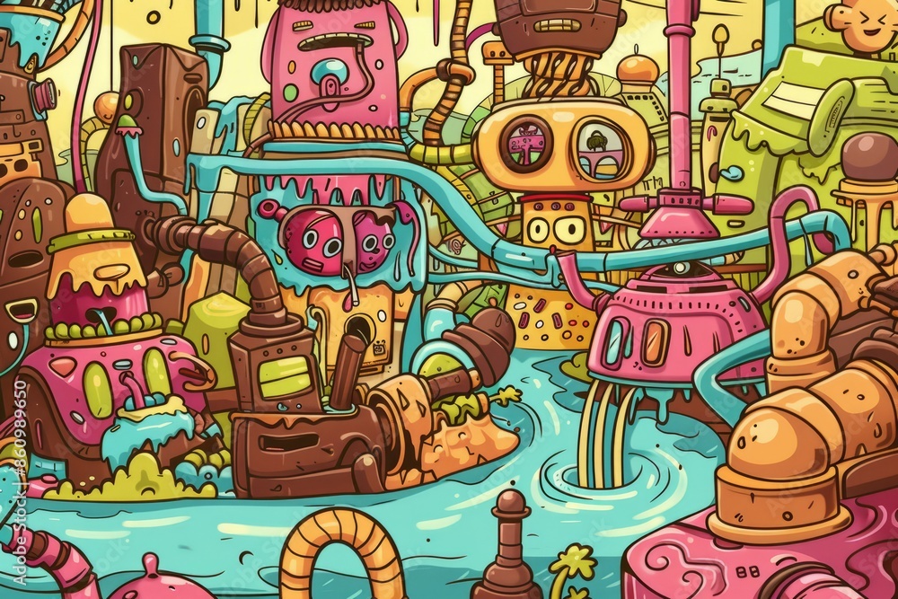 Cartoon cute doodles of a chocolate factory with rivers of chocolate ...