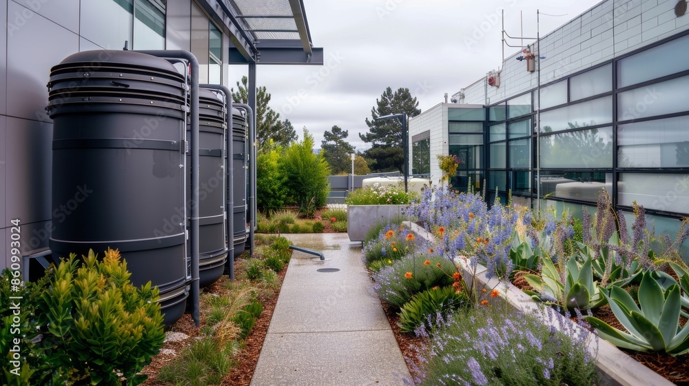 Back office rooftop with rainwater harvesting setup, featuring ...