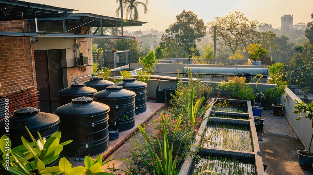 Back office rooftop with rainwater harvesting setup, featuring ...