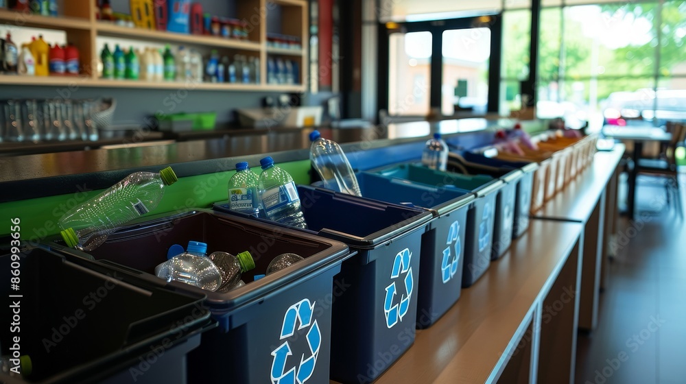 Clean and efficient recycling station, featuring clearly labeled bins ...
