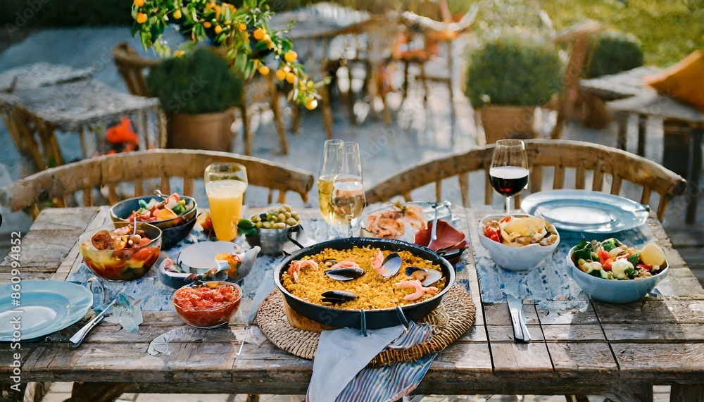 Spanish style dining table with paella, overview. Spanish style dining ...