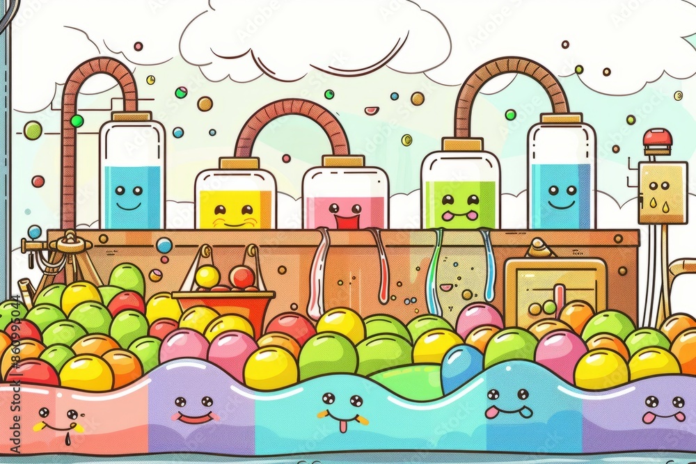 Cartoon cute doodles of a factory producing rainbow-colored candies ...