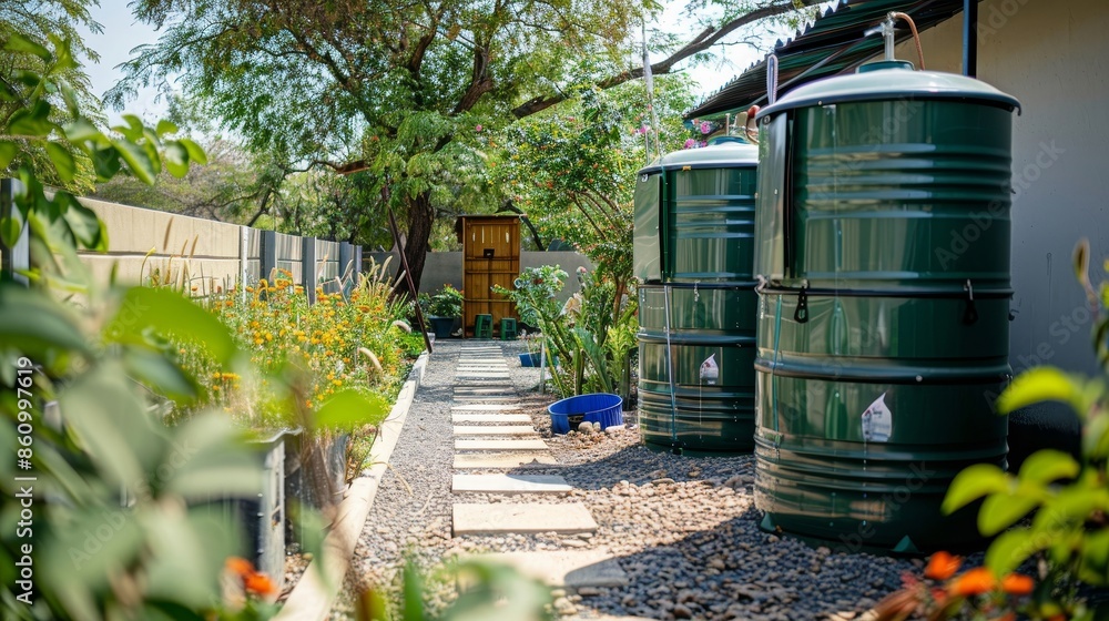 Conserving water at back office, detailed view of rainwater harvesting ...