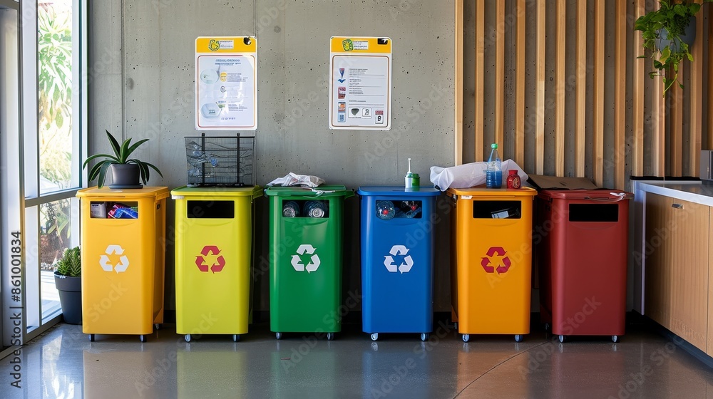 Eco-friendly recycling station setup, featuring color-coded and clearly ...