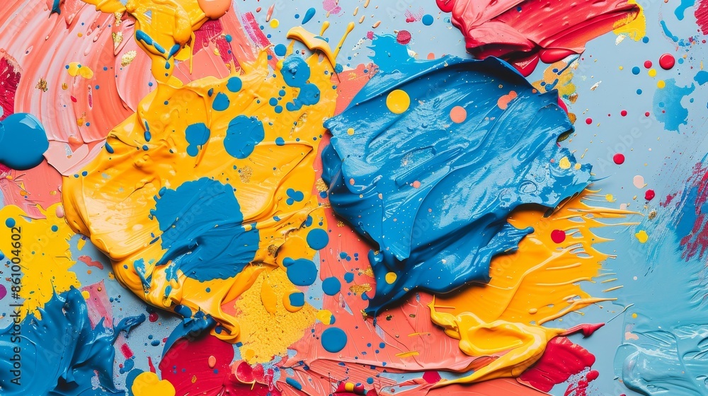 Top view of a messy paint spill on the floor, bright colors in an ...
