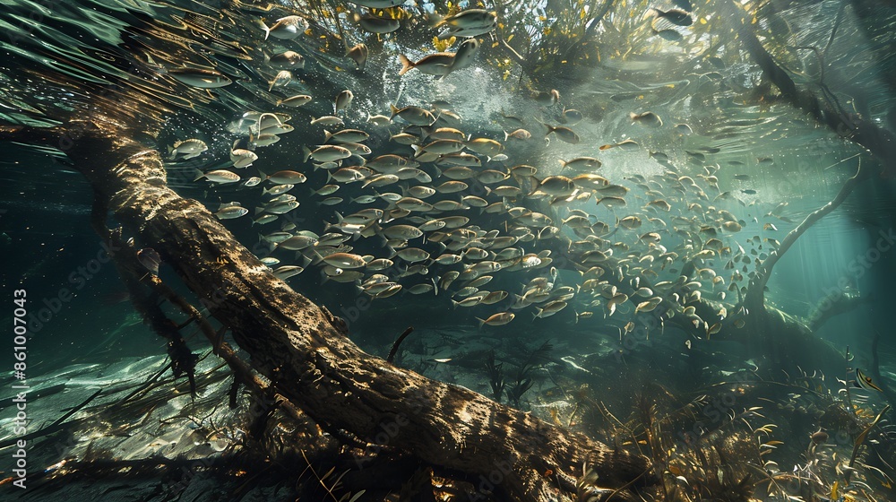 An underwater view of a school of fish swimming near submerged tree ...