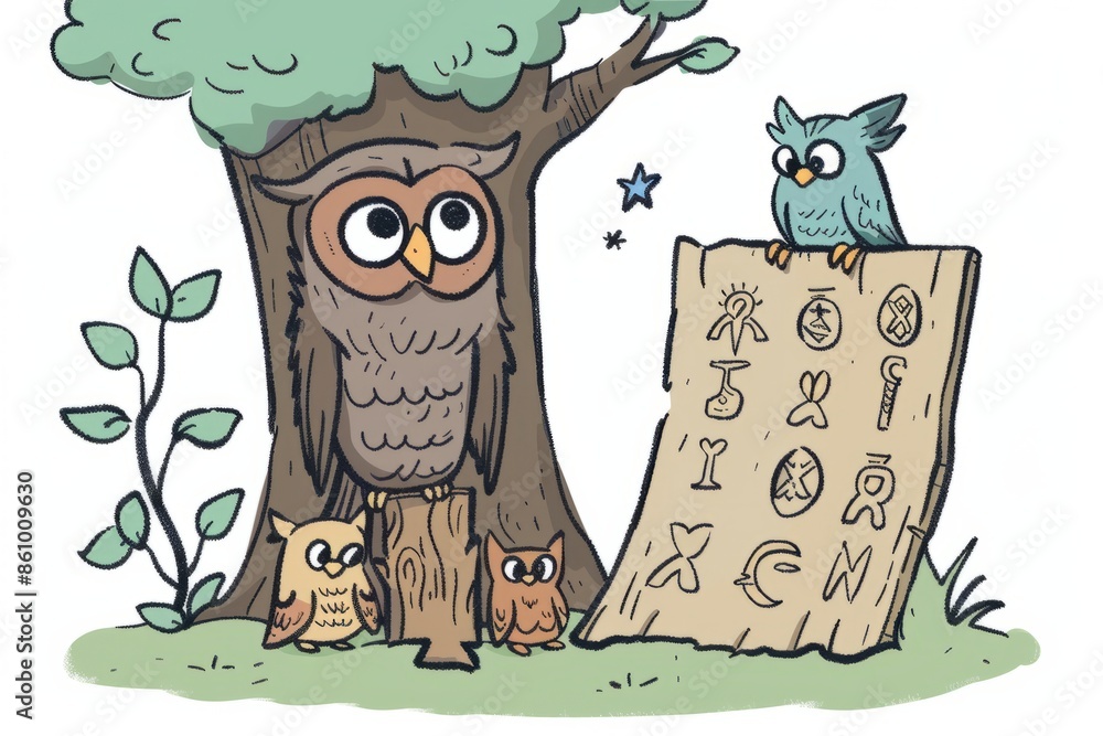 Cartoon cute doodles of a wise owl teaching young creatures how to read ...