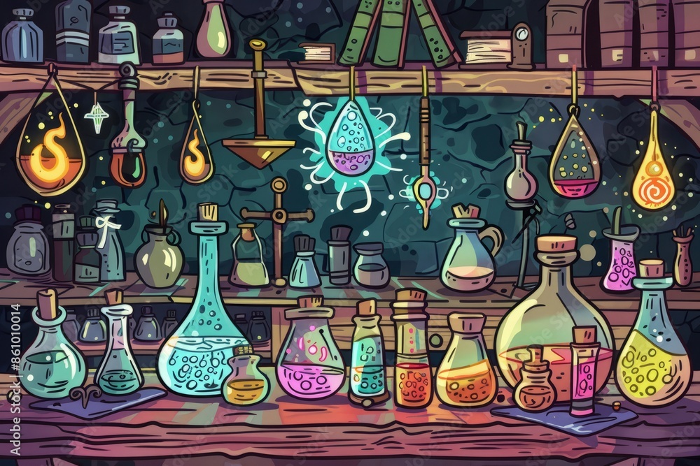 Cartoon cute doodles of a wizard's laboratory filled with bubbling ...