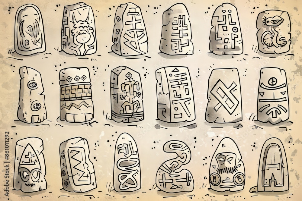 Cartoon cute doodles of tiny creatures deciphering runes etched on ...