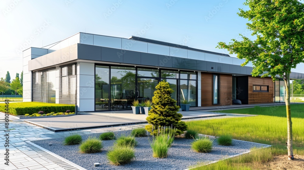 Modern back office building with rainwater harvesting infrastructure ...