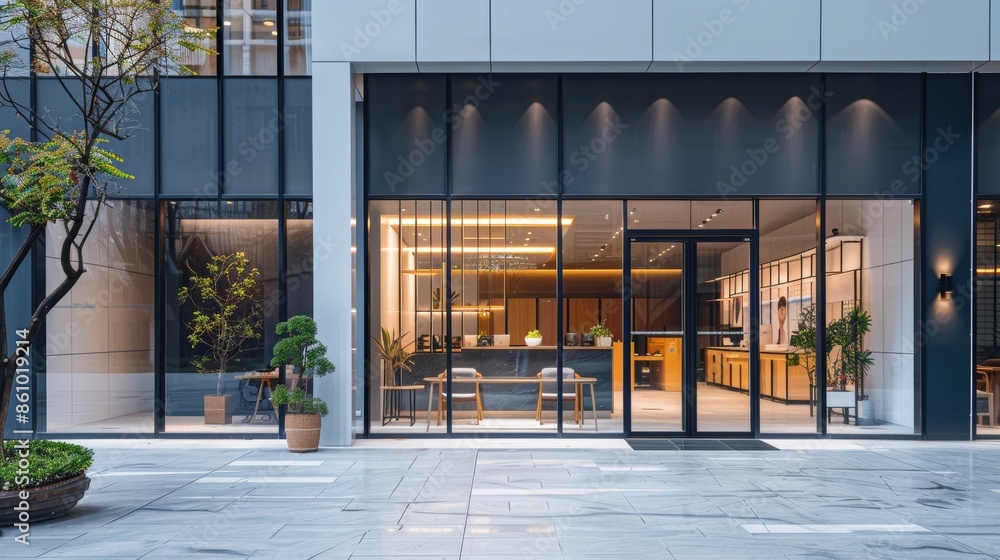 Professional company storefront with prominent branding elements, sleek ...