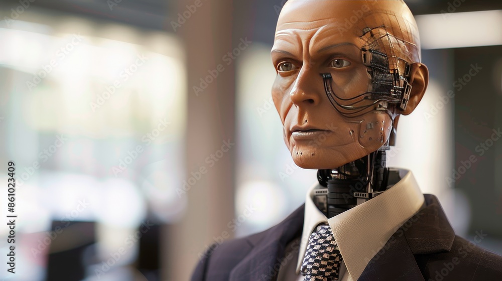 Eerily lifelike humanoid robot with half its face revealing intricate ...