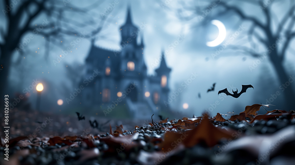 Spooky haunted mansion in eerie moonlit forest with flying bats ...