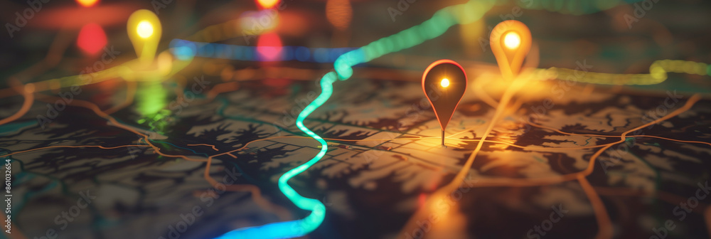 Navigational Map with Glowing Markers and Pathways Stock Illustration ...