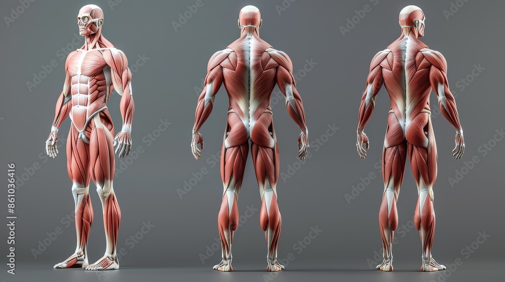 A 3D model of a muscular system with individual muscles highlighted ...