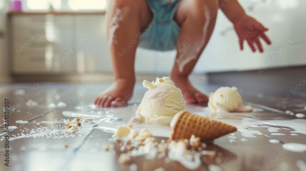 Feet of child and dropped ice cream, kid playing with the ice cream ...