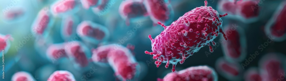 Microscopic view of bacteria in a petri dish. Red and blue colors show ...