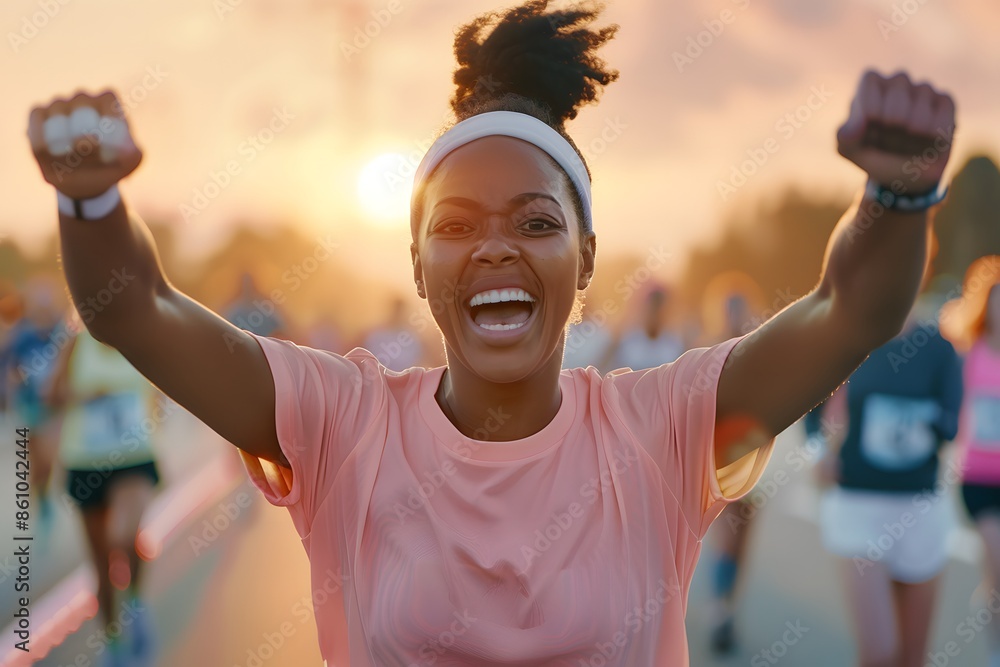 Joyful woman crossing the finish line at a marathon during sunset ...