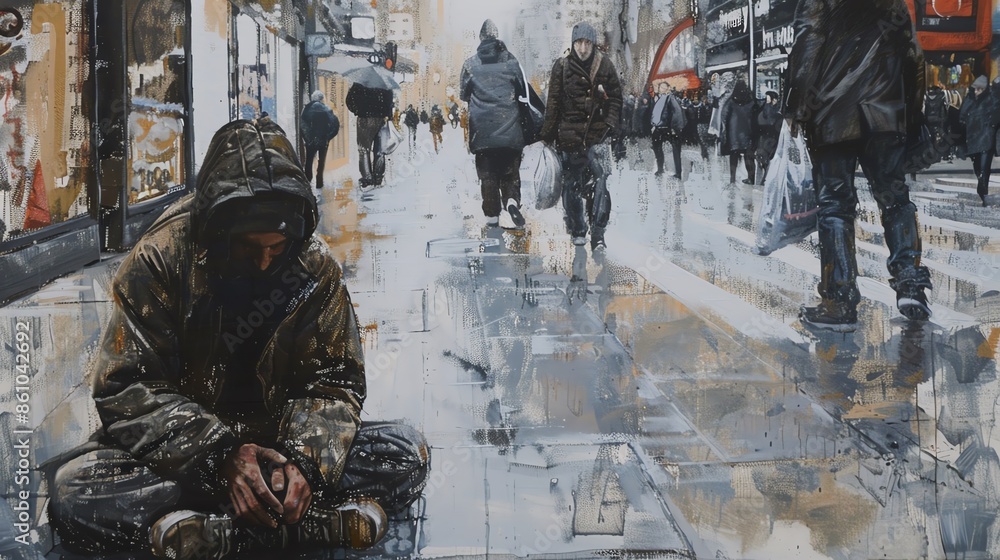 Realist Homelessness A realistic painting of a homeless person on a ...