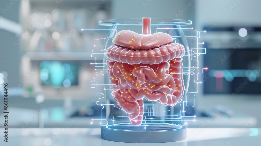 A 3D model of the digestive system with a path highlighting the food ...