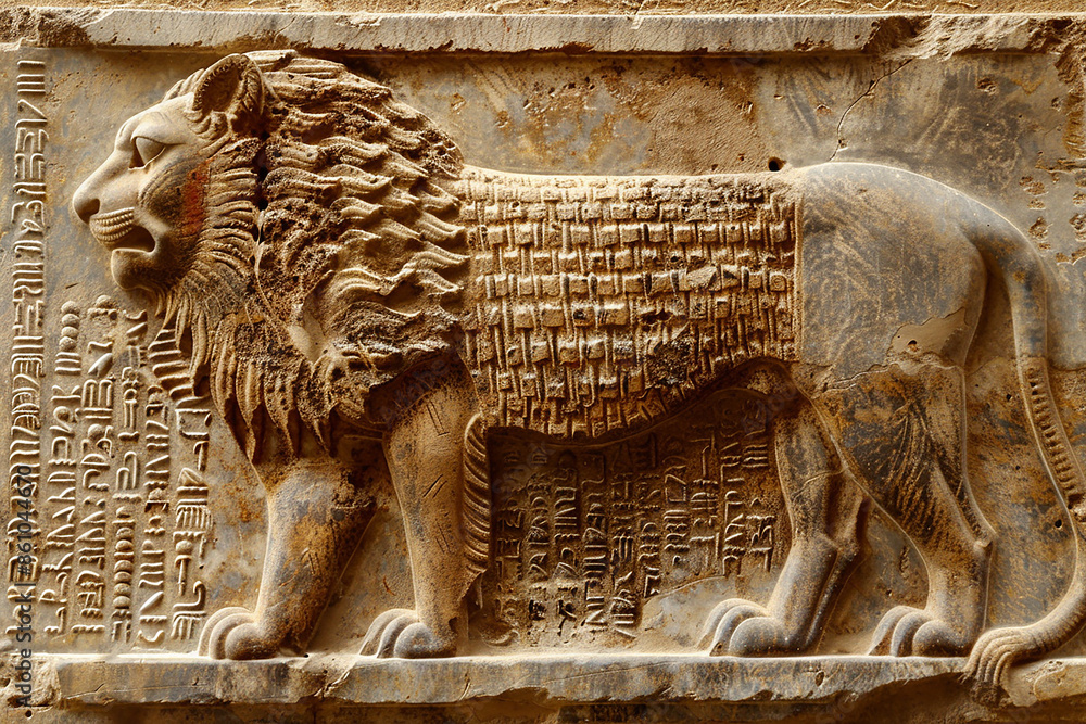 Ancient cuneiform Sumerian text and relief of a lion, a mythical ...