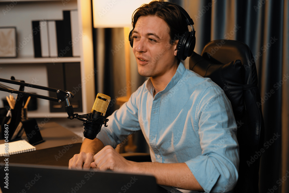 Host channel smart broadcaster talking on live social media application ...