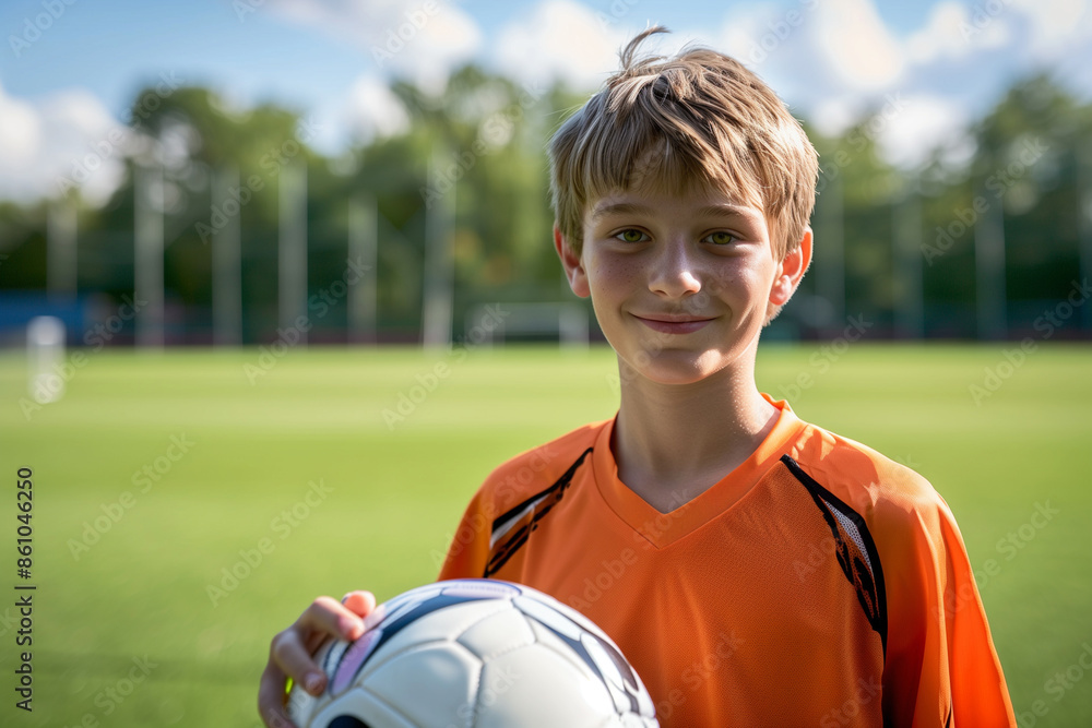 Boy, 12years old, dressed in a soccer jersey, holding a soccer ball on ...