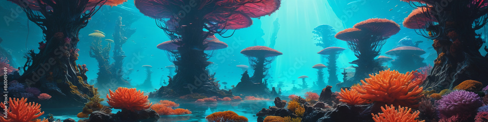 A wide, alien ocean scene with enormous, bioluminescent coral ...
