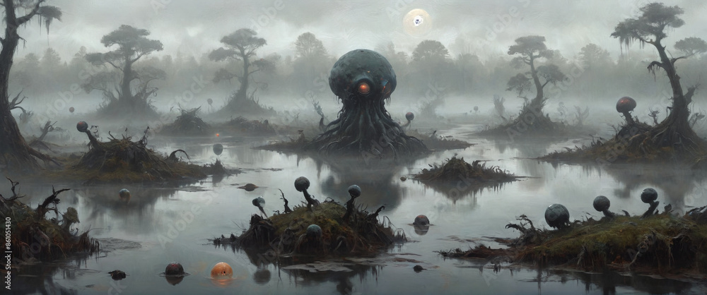 A foggy, alien bog with strange, floating orbs and peculiar, tentacled ...