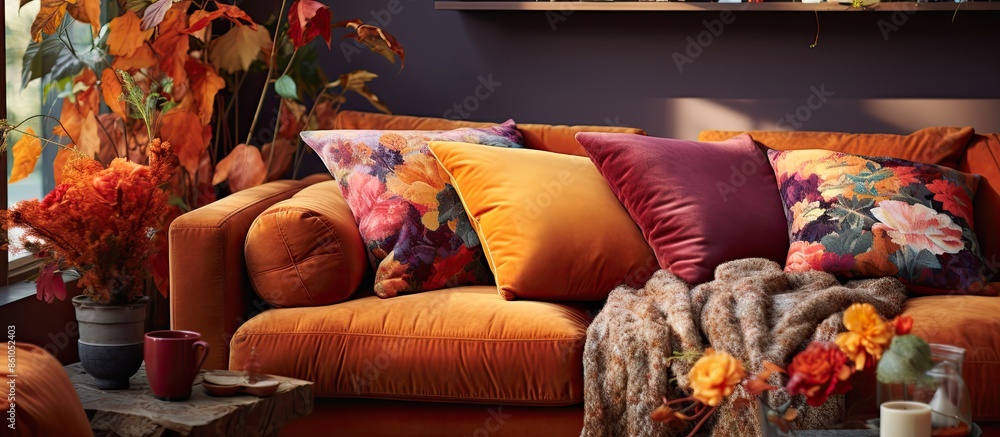 Colorful cushions on a cozy couch with a fall-inspired decor, including ...