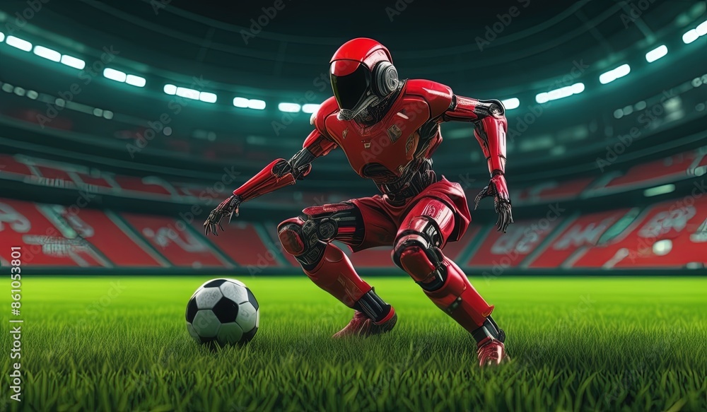 red AI robot wearing a jersey. style of playing soccer, soccer player ...