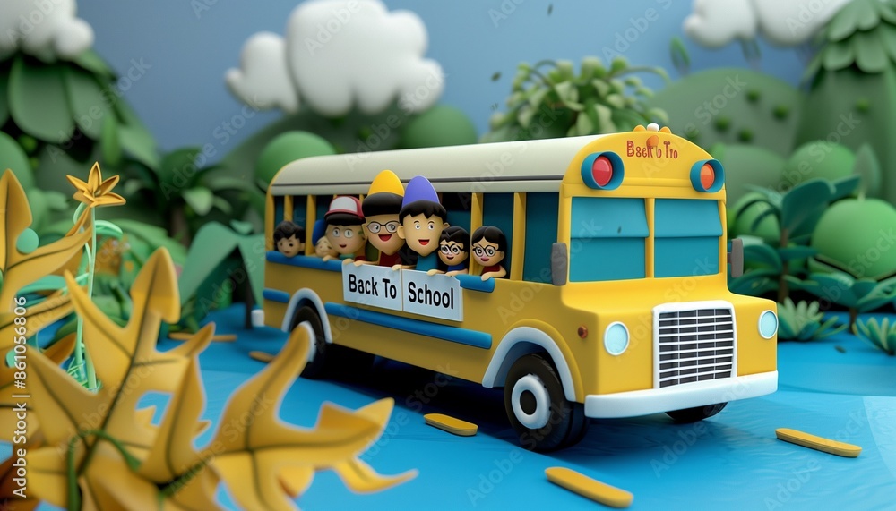 Cheerful children and a cartoon school bus in a CGI-style "Back To ...